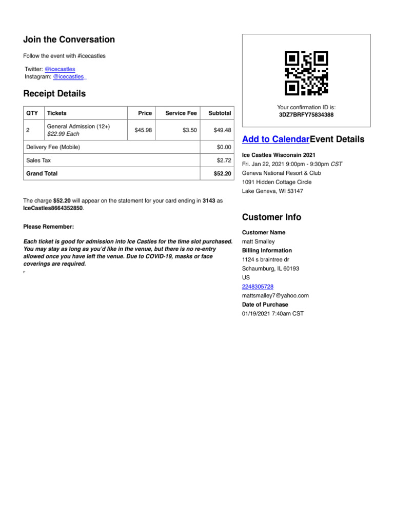 Ice Castles WI: Ticket Confirmation | PDF | Fee | Payments