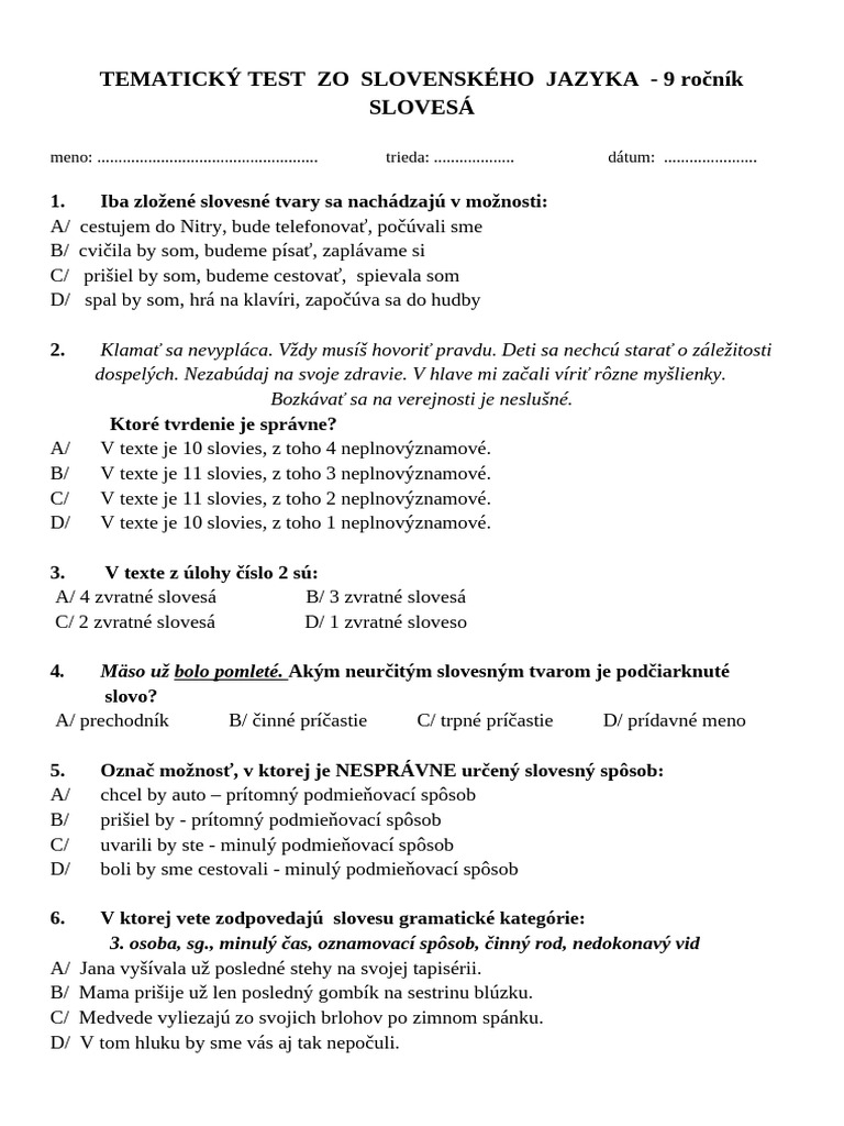 Slovesá - Tematický Test | PDF
