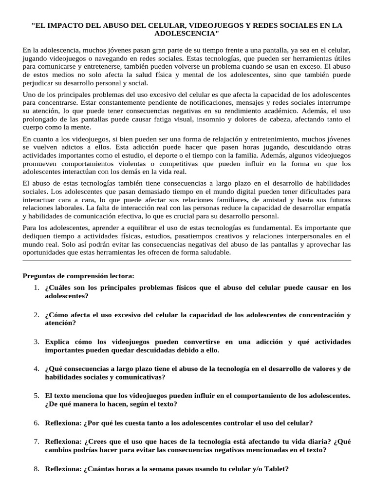 El Impacto Del Abuso Del Celular y Problemas Sociales | PDF | Adolescencia | Videojuegos