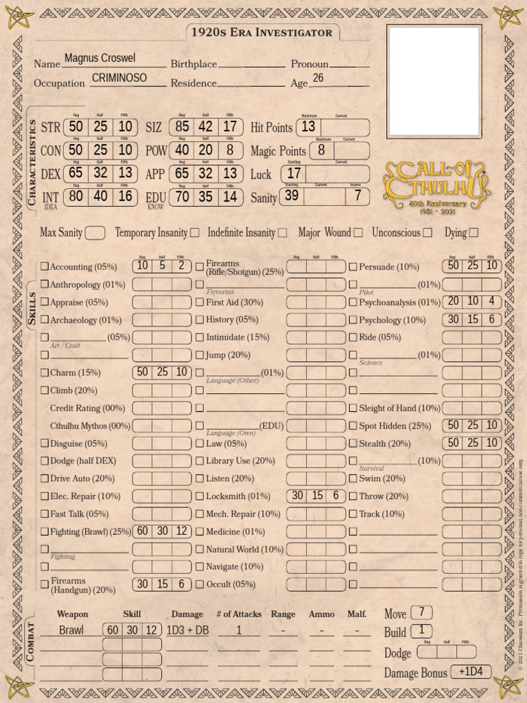 CoC7 PC Sheet - Auto-Fill - 1920s - Standard - Color | PDF