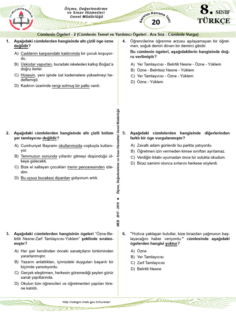 TEST 20 Cumlenin Ogeleri 2 Cumlenin Temel Ve Yardimci Ogeleri Ara Soz ...