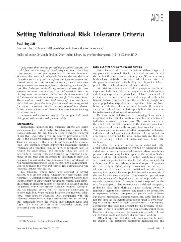 (Process Safety Progress Vol. 35 Iss. 2) Baybutt, Paul - Setting Multinational Risk Tolerance ...
