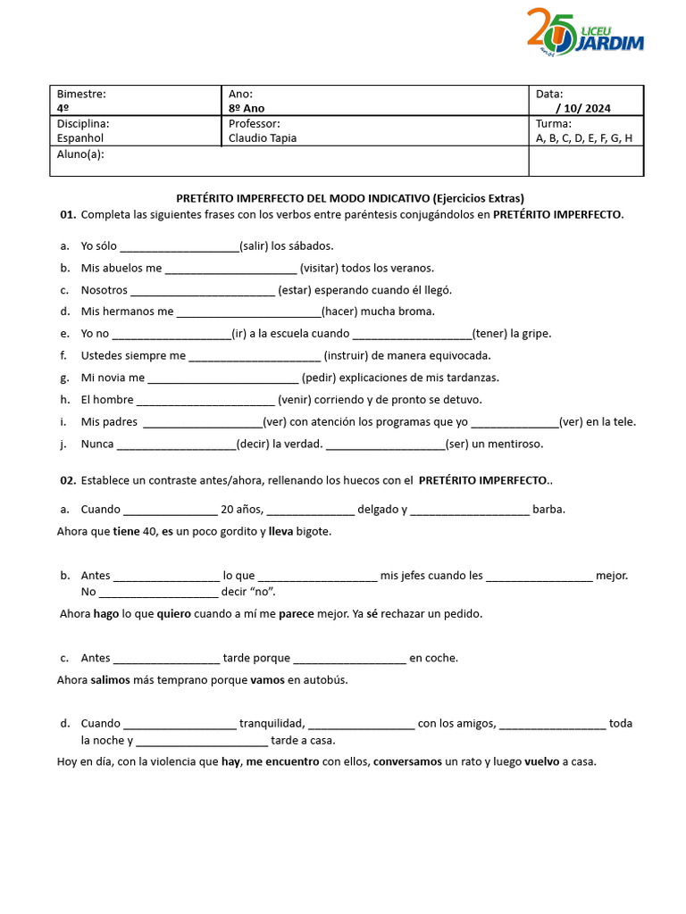Ejercicios de Pretérito Imperfecto en Español | PDF