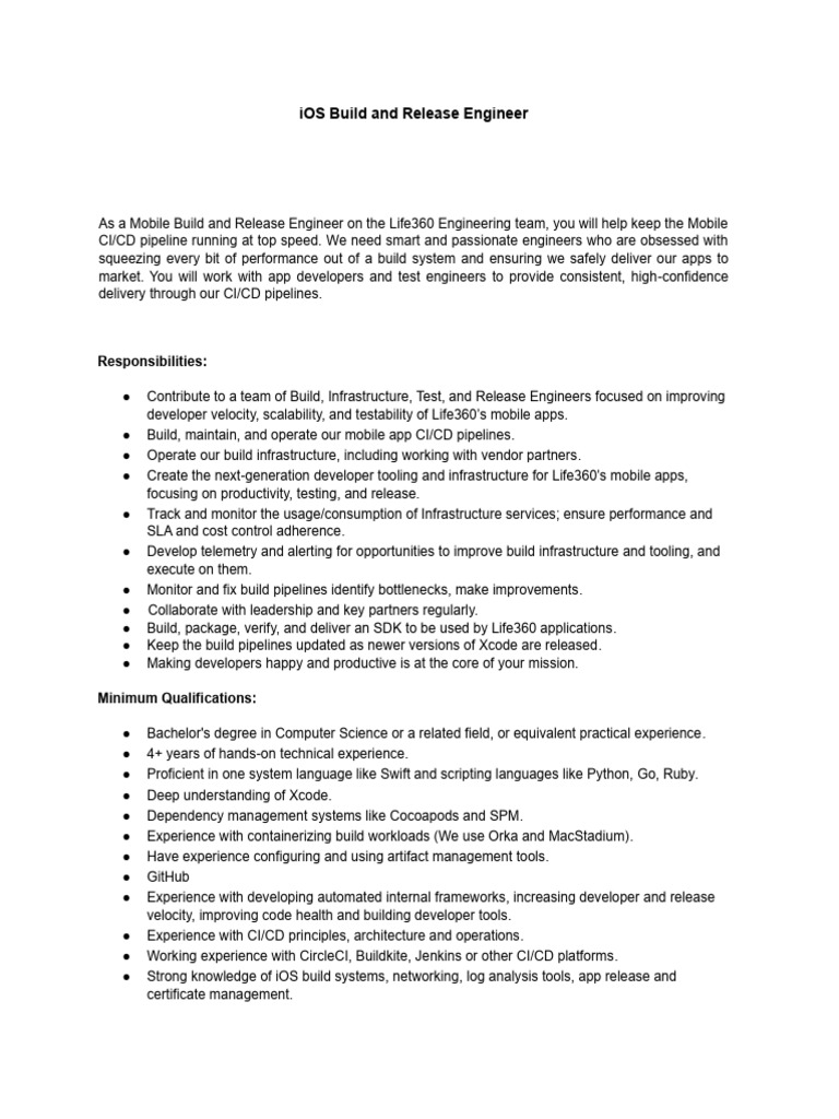 iOS Build & Release Engineer Role | PDF | Xcode | Ios