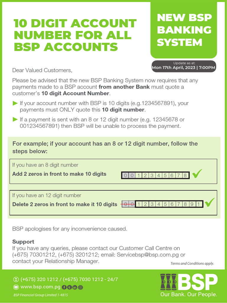 10 Digit Account Number For All BSP Accounts | PDF