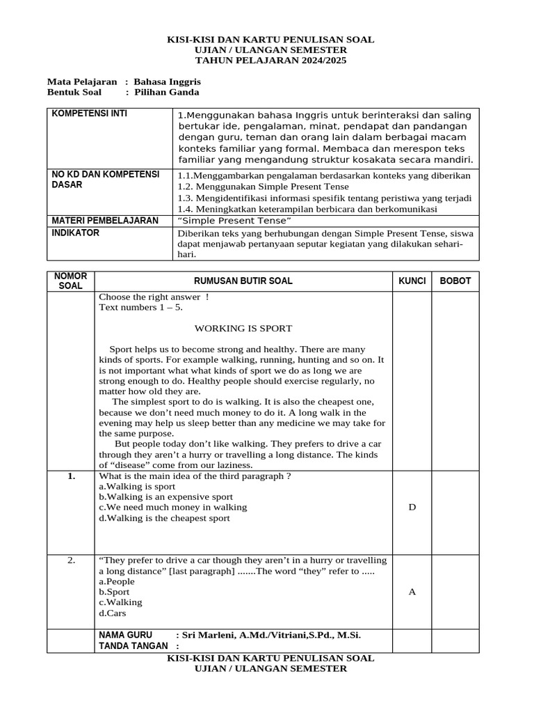 Kisi-Kisi Soal Bahasa Inggris Kelas 7 - Ria Karina P., S.pd. | PDF