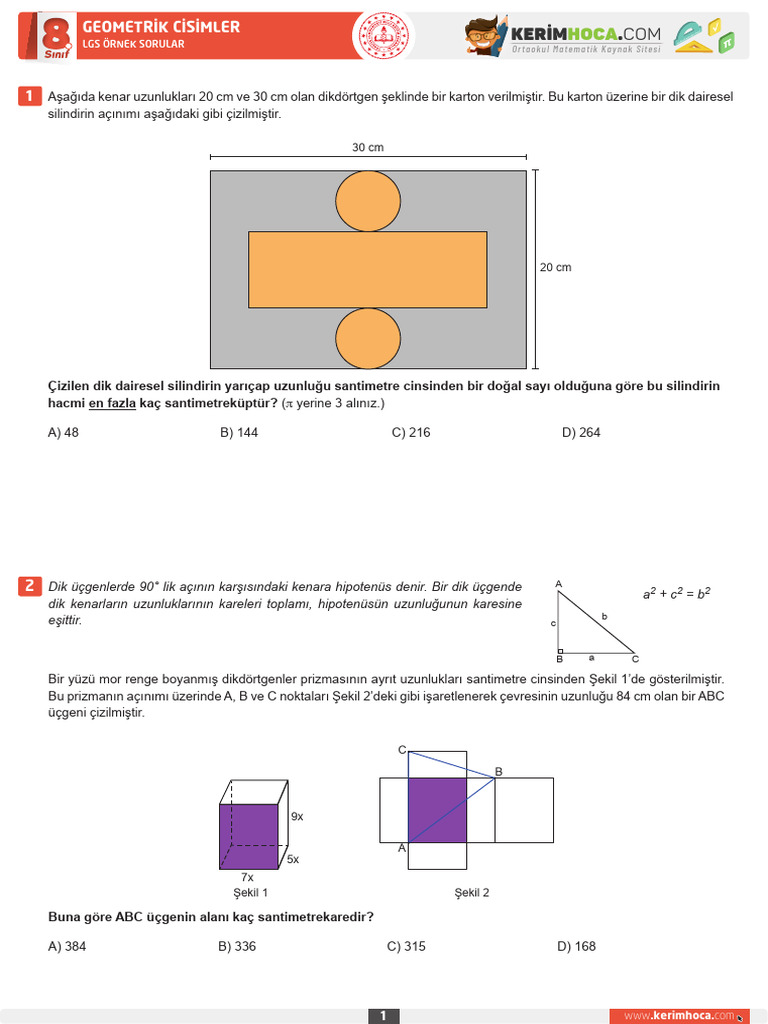 8.SÄ±nÄ±f-Geometrik Cisimler-LGS Ã rnek Sorular | PDF