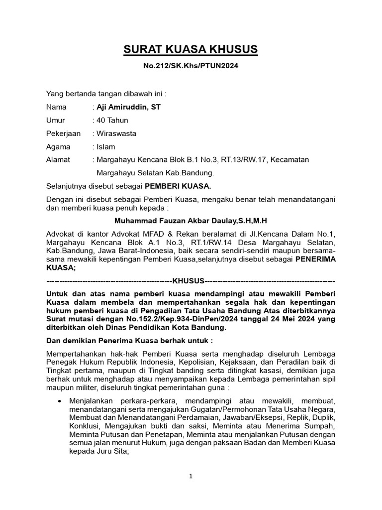 Surat Kuasa Khusus Ptun | PDF