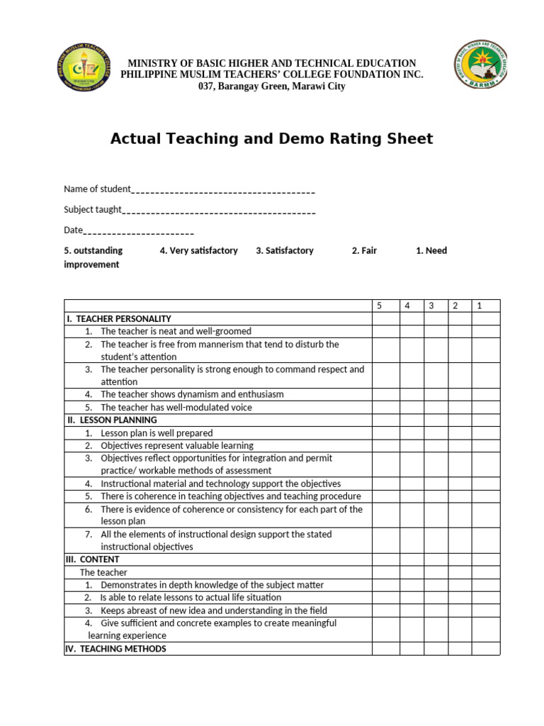 Actual-teaching-and-demo-rating-sheet | PDF | Teachers | Learning