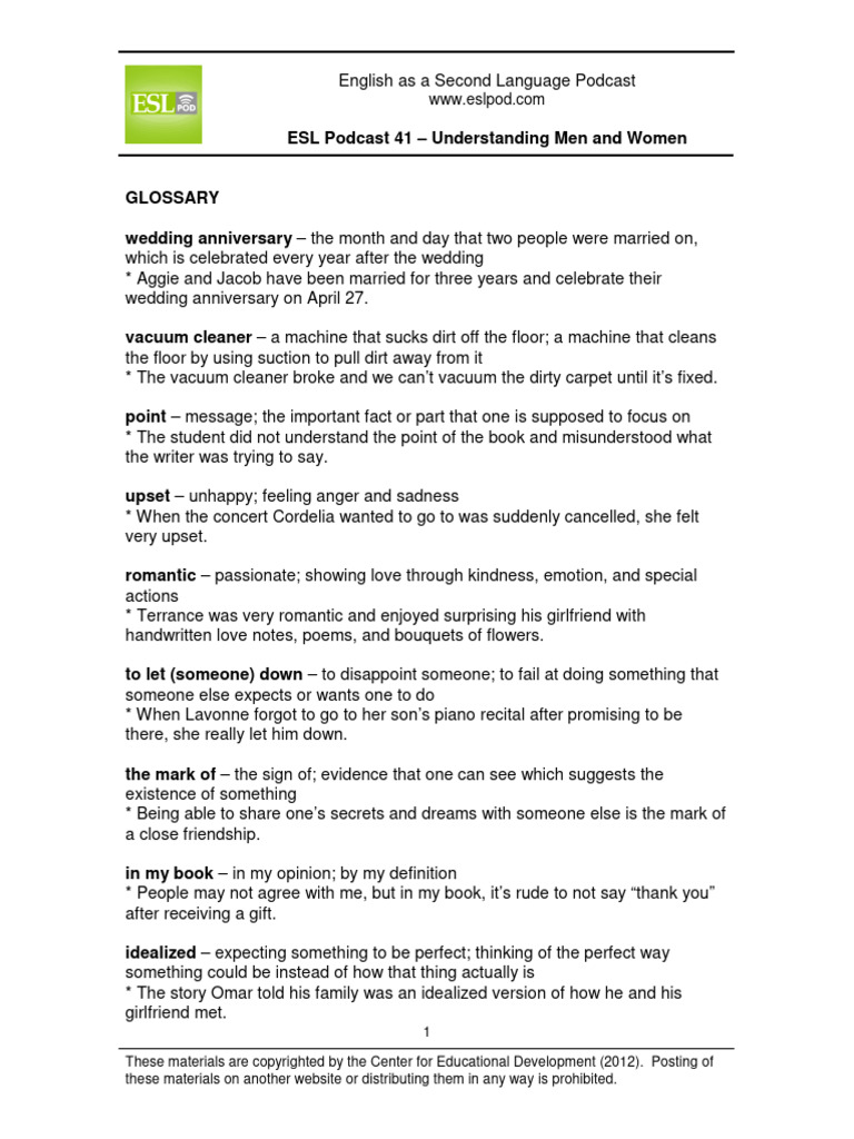 ESL Podcast 41 - Understanding Men and Women | PDF | Romance (Love ...