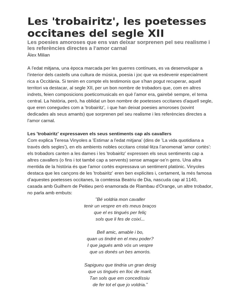 LES TROBAIRITZ, LES POETESSSES OCCITANES DEL Segle XII | PDF