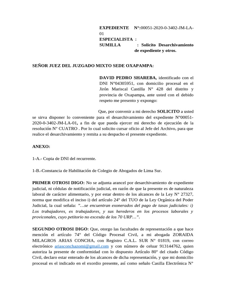 Escrito Desarchivamiento Gaby | PDF | Ley procesal | Documento de identidad