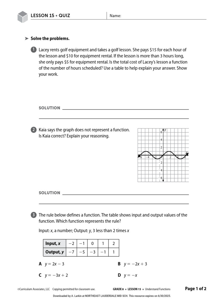 Grade 8 Functions Quiz and Solutions | PDF | Function (Mathematics ...