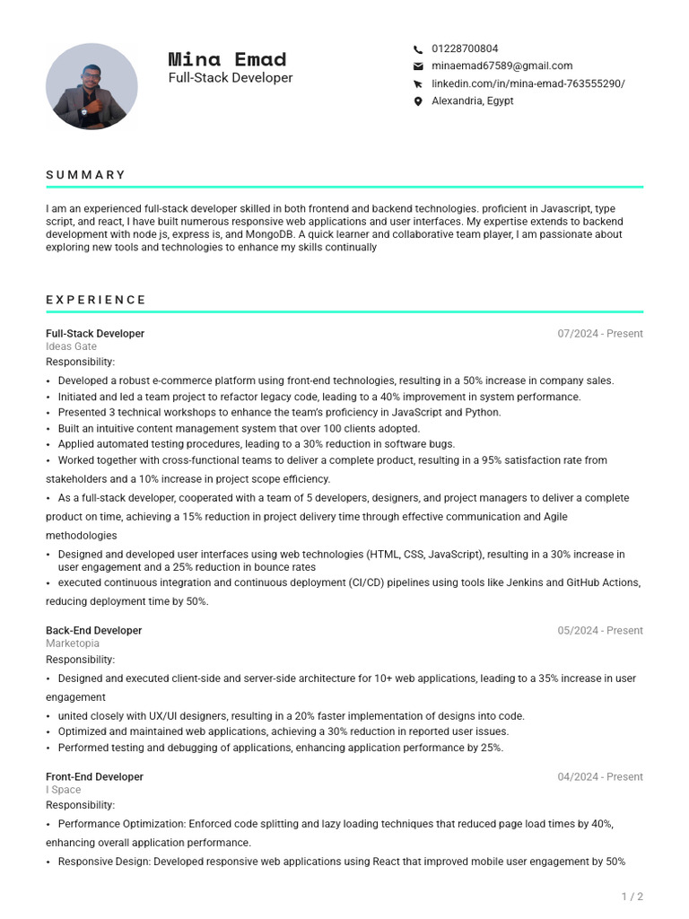 Mina Emad - Full-Stack Developer - Resume | PDF | Web Development | Computing