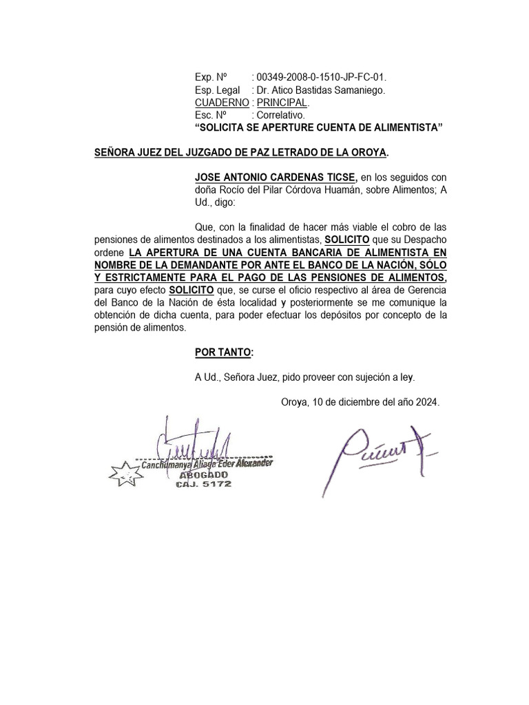 SOLICITA SE APERTURE CUENTA DE ALIMENTISTA - JOSE ANTONIO CARDENAS TICSE | PDF