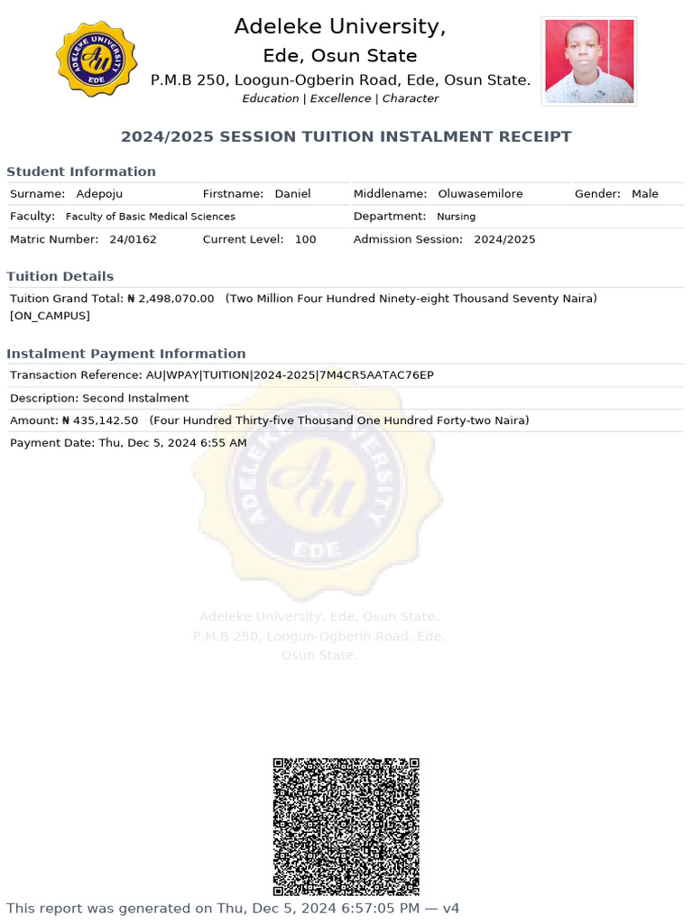 Tuition Instalment Payment Receipt Adepoju Daniel Oluwasemilore | PDF