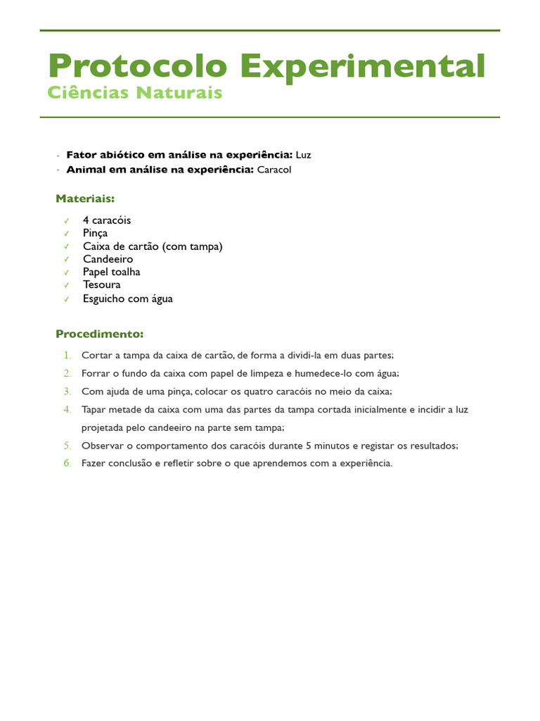 Protocolo Experimental - Ciências Naturais | PDF
