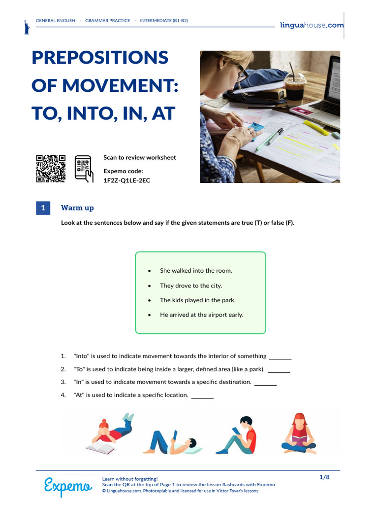 Prepositions of Movement To Into in at American English Teacher B1 B2 | PDF