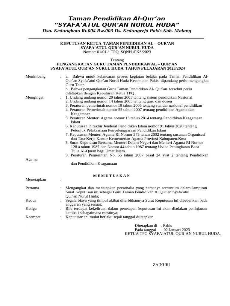 SK PENGANGKATAN GURU TPQ | PDF