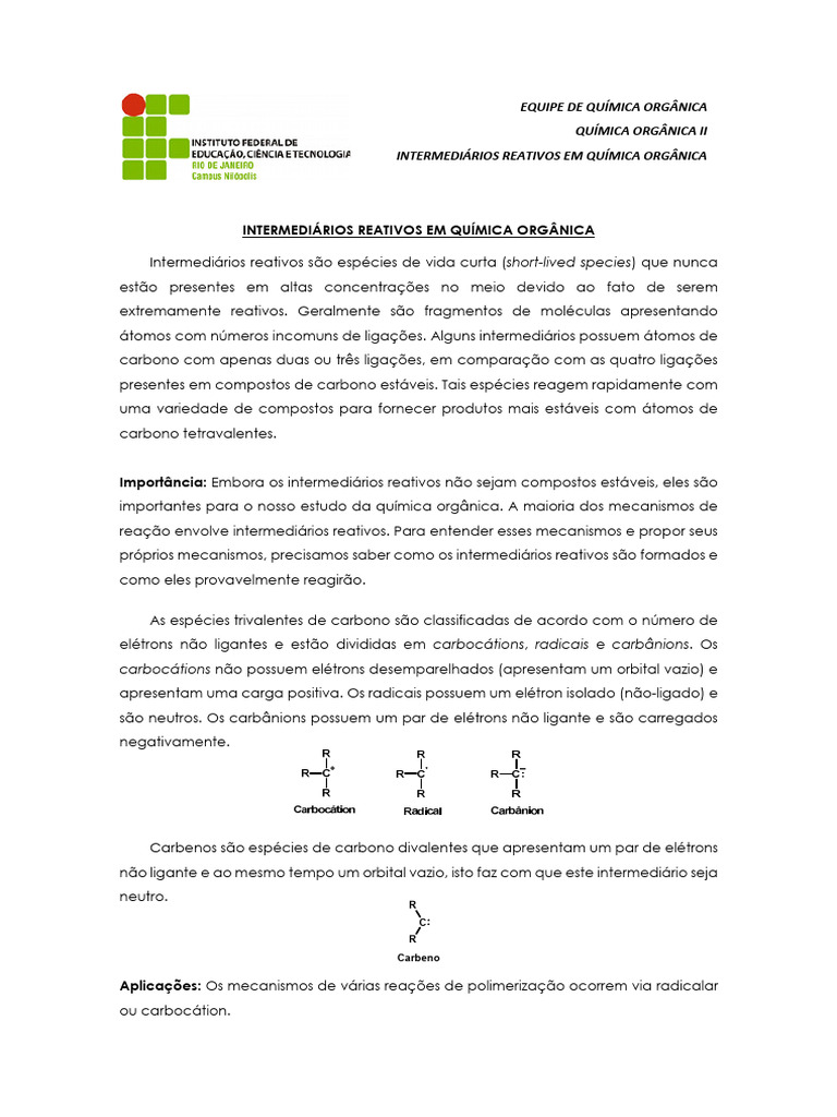 Intermediários Reativos em Química Orgânica | PDF | Radical (Química ...