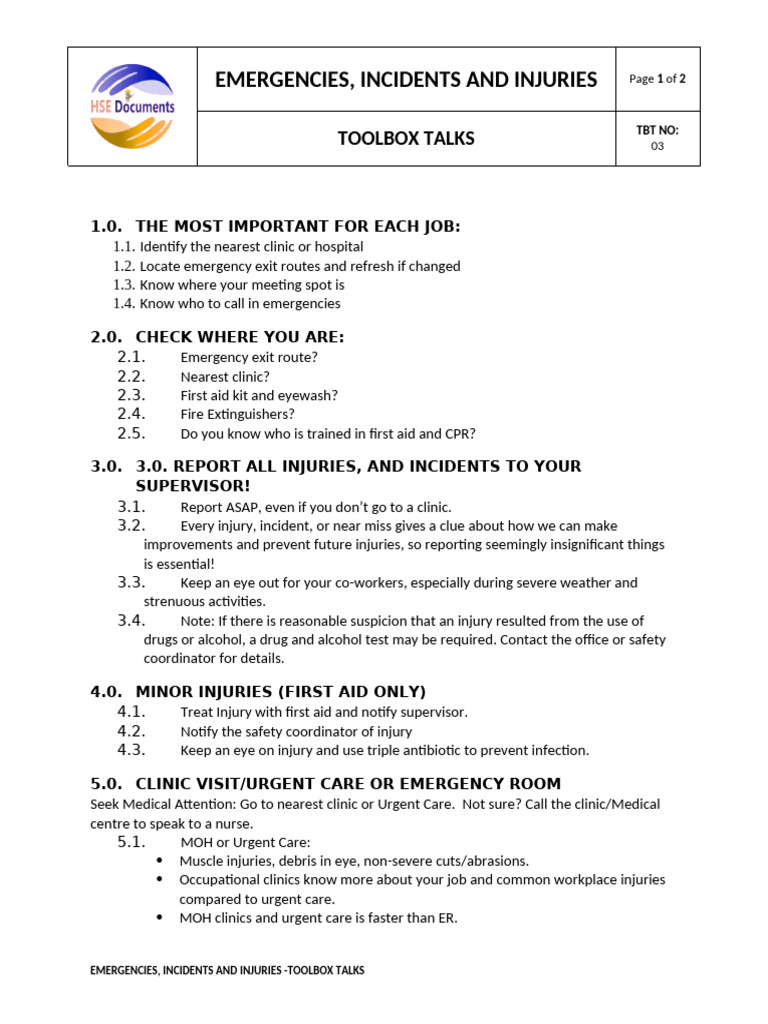 EMERGENCIES, INCIDENTS AND INJURIES-TOOLBOX TALKS | PDF | Clinic ...