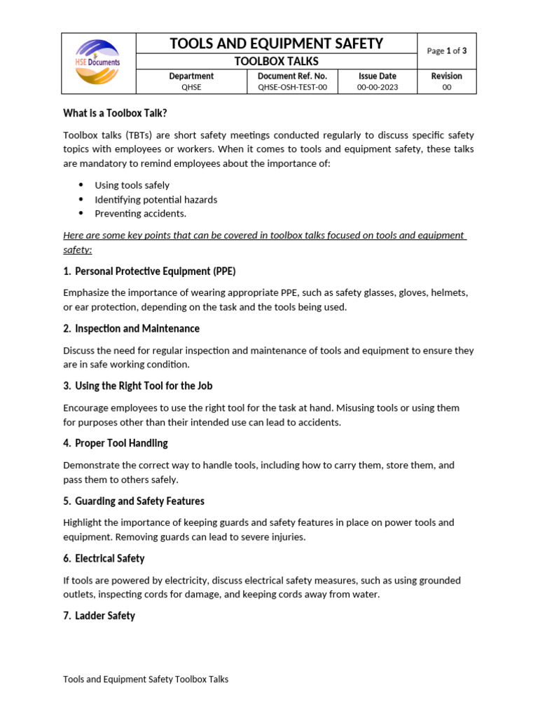 Tools and Equipment Safety Toolbox Talks | PDF | Occupational Safety ...