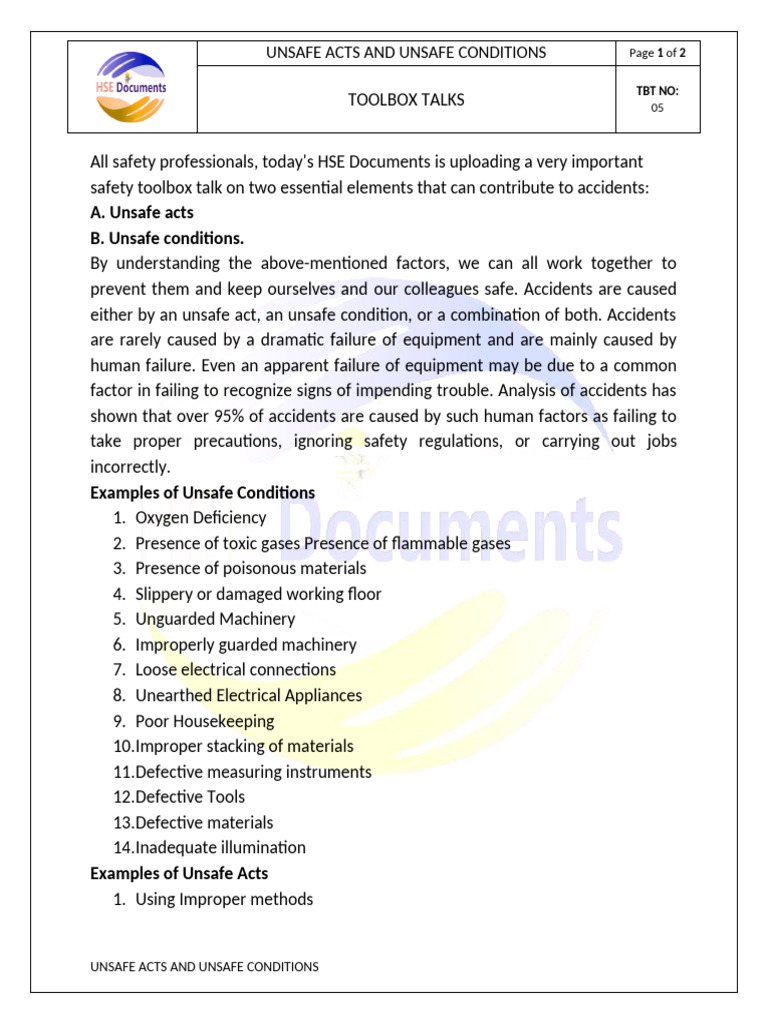 Unsafe Acts and Unsafe Conditions | PDF | Occupational Safety And ...