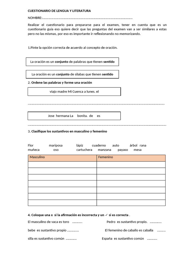 Cuestionario de Lengua y Literatura 3ro A | PDF