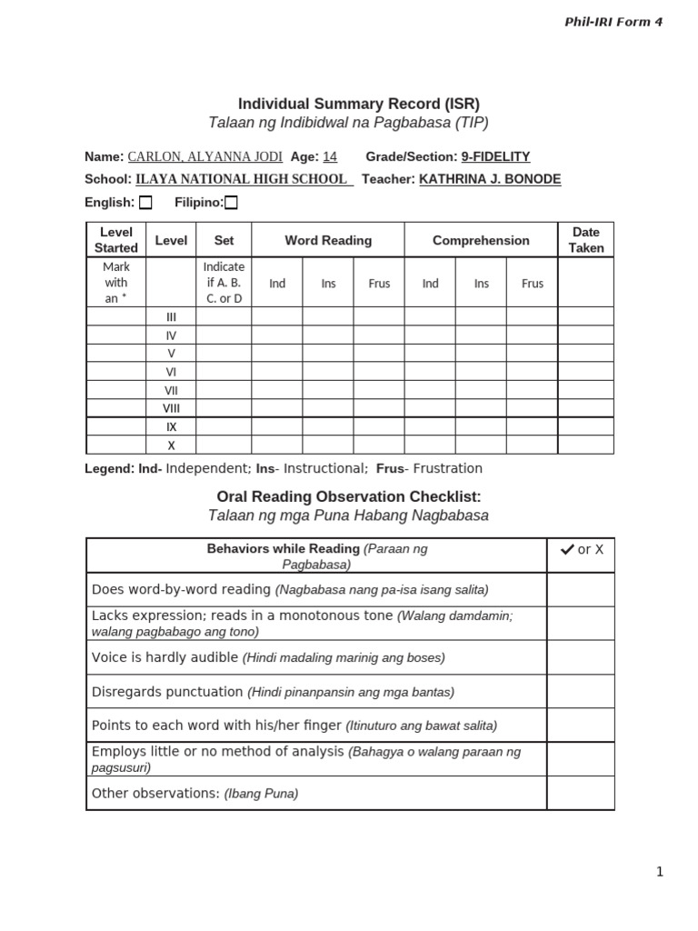 Individual Summary Record-PHIL-IRI | PDF