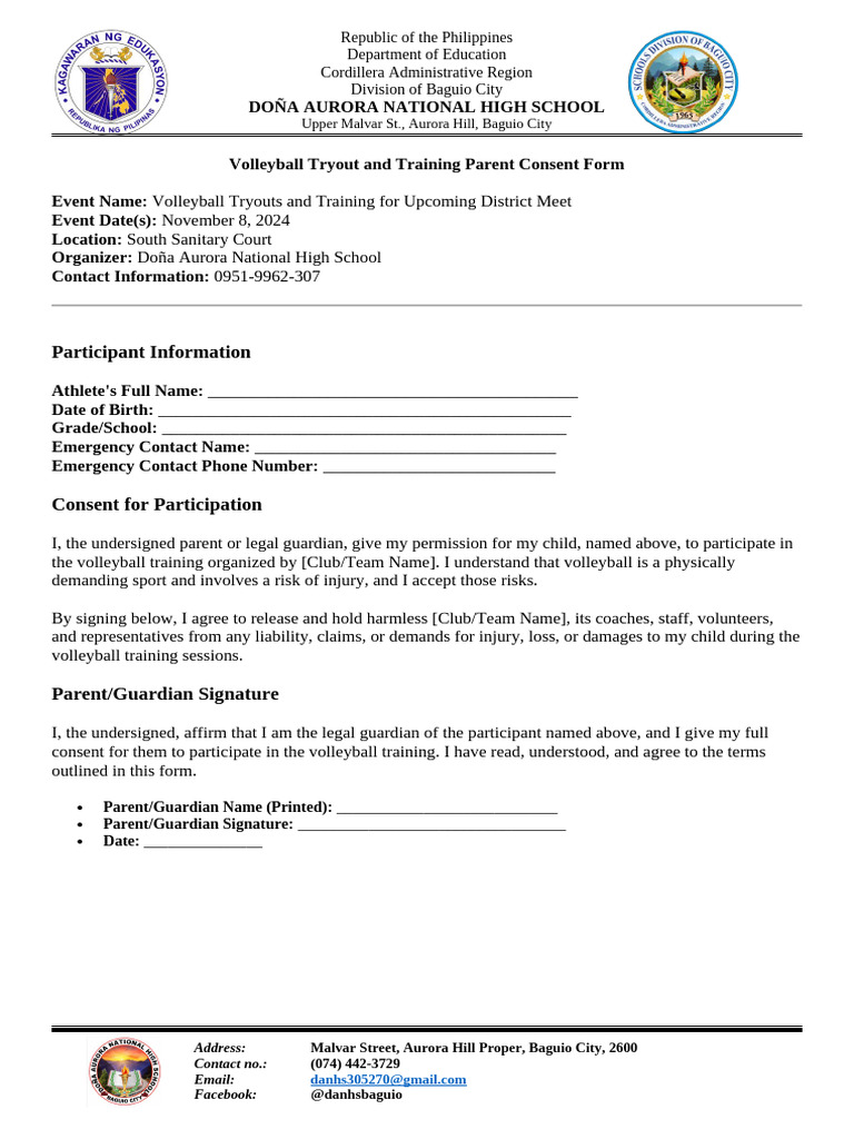 Volleyball Tryout Parent Consent Form | PDF