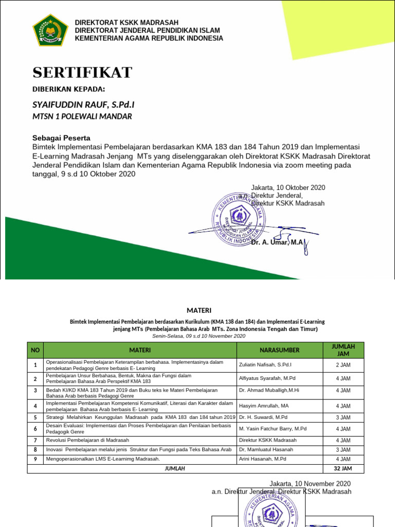 Sertifikat Bimtek MTs-dikonversi | PDF