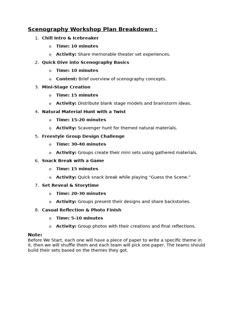 Scenography Workshop Plan Breakdown | PDF