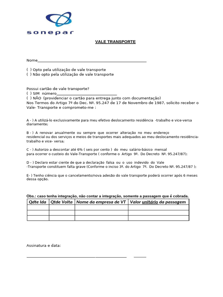 Formulário de Vale Transporte | PDF