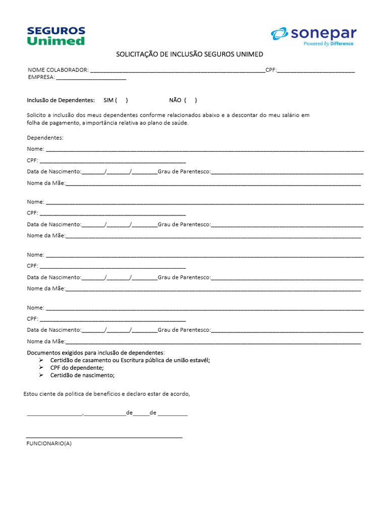Formulário Plano de Saúde - Seguros Unimed | PDF