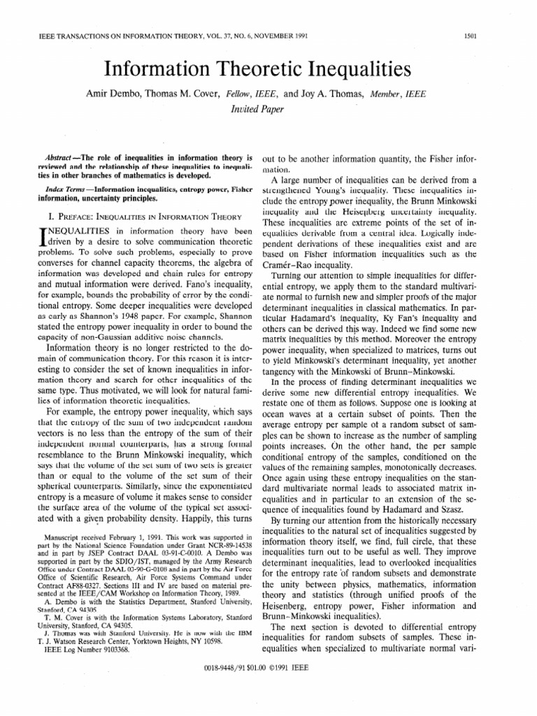 Information Theoretic Inequalities | PDF | Mathematical Analysis | Applied Mathematics