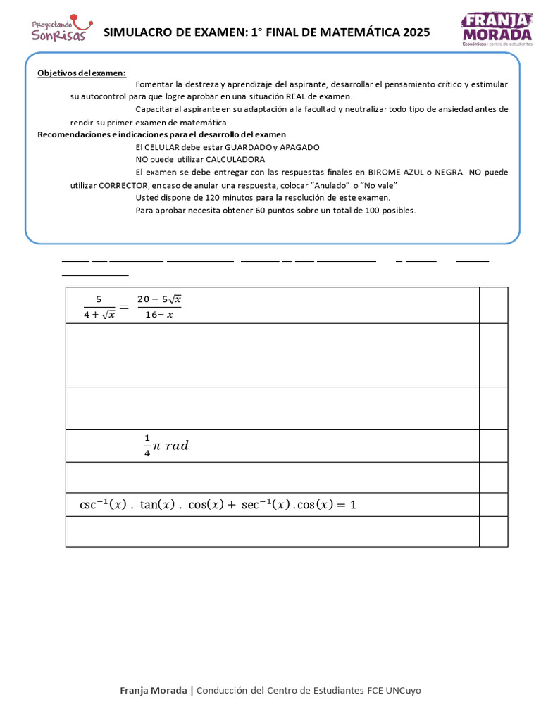 Simulacro 1° Final 2025 | PDF | Funciones trigonométricas | Matemáticas