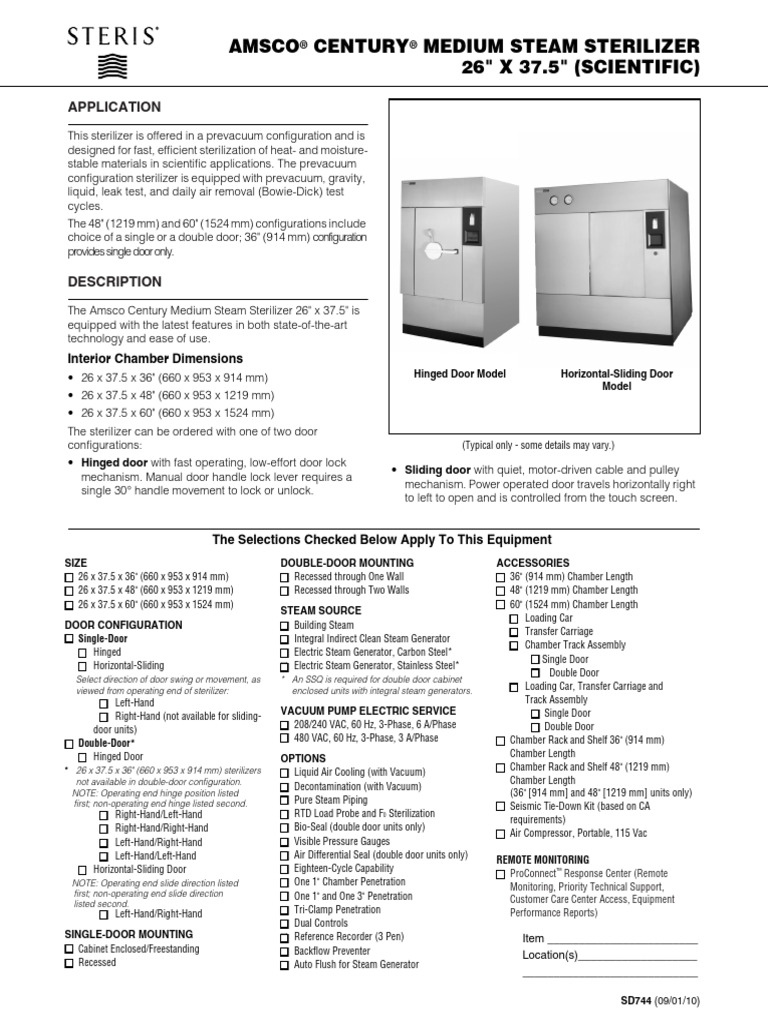 Amsco Century Medium Steam Sterilizer 26 X 375 Inch Technical Data ...