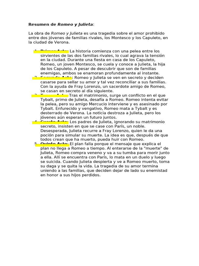 Resumen de Romeo y Julieta | PDF | Romeo y Julieta
