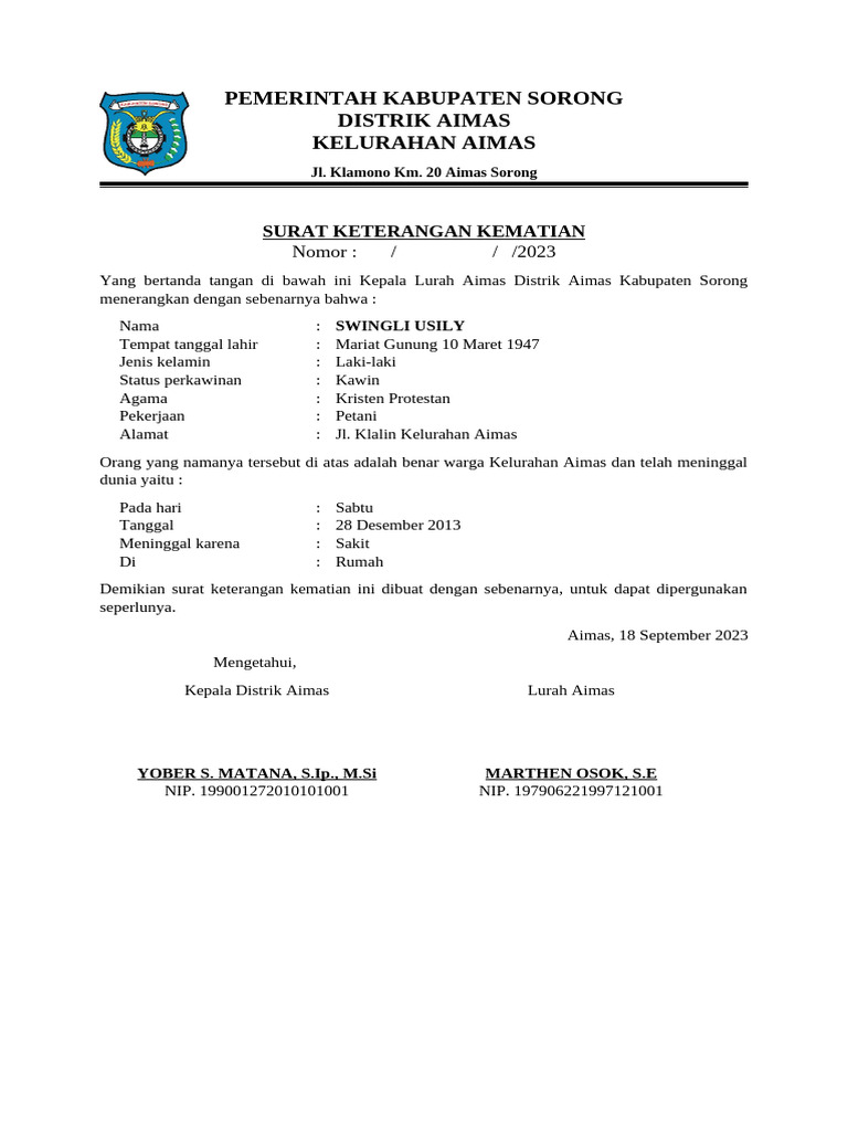 Contoh Surat KEMATIAN | PDF