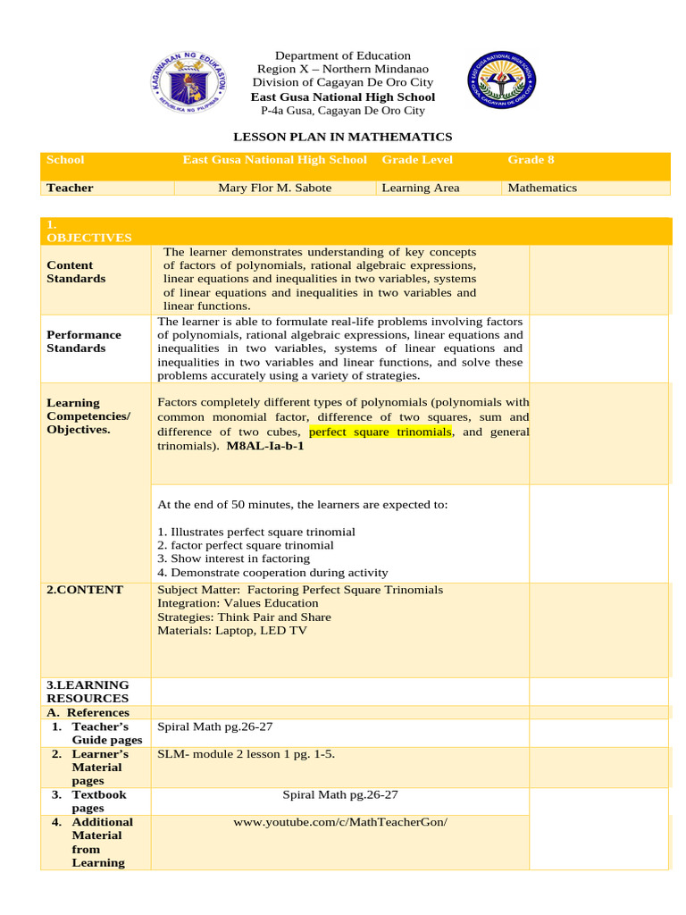 COT 1 Demo | PDF | Equations | Factorization
