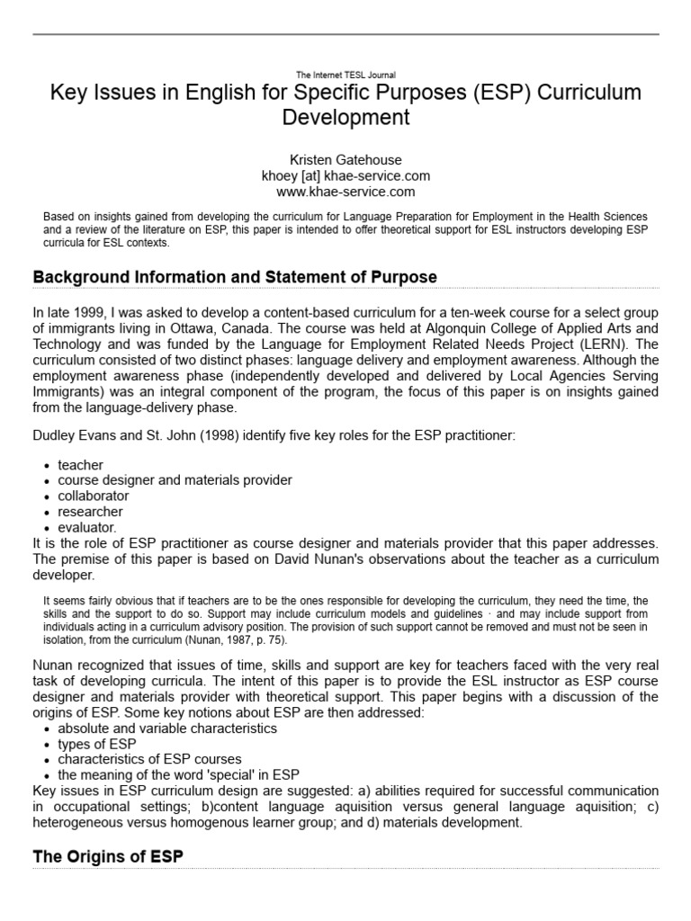 Gatehouse - Key Issues in English For Specific Purposes (ESP ...