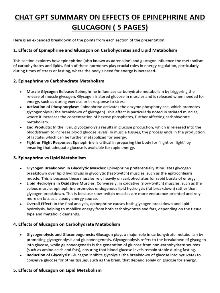 SUMMARY EFFECTS OF EPINEPHRINE AND GLUCAGON | PDF | Glycogen | Insulin