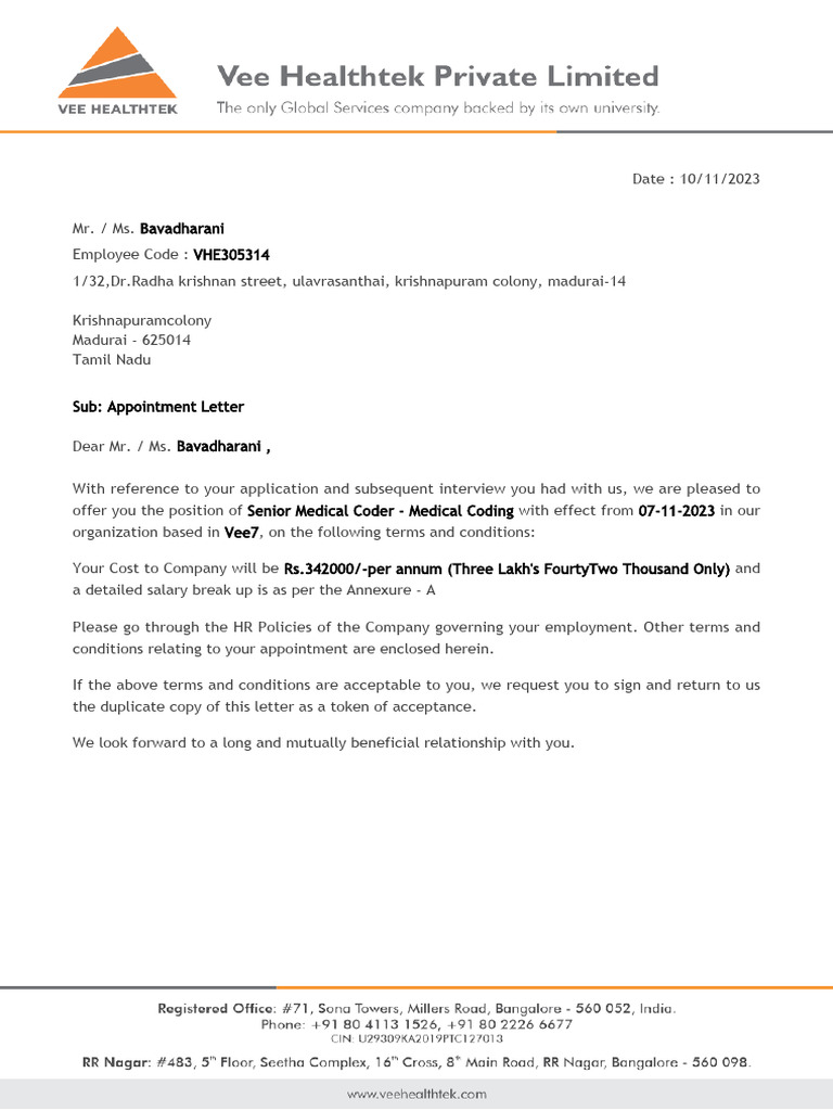 Offer Letter Veetech | PDF | Non Disclosure Agreement | Business