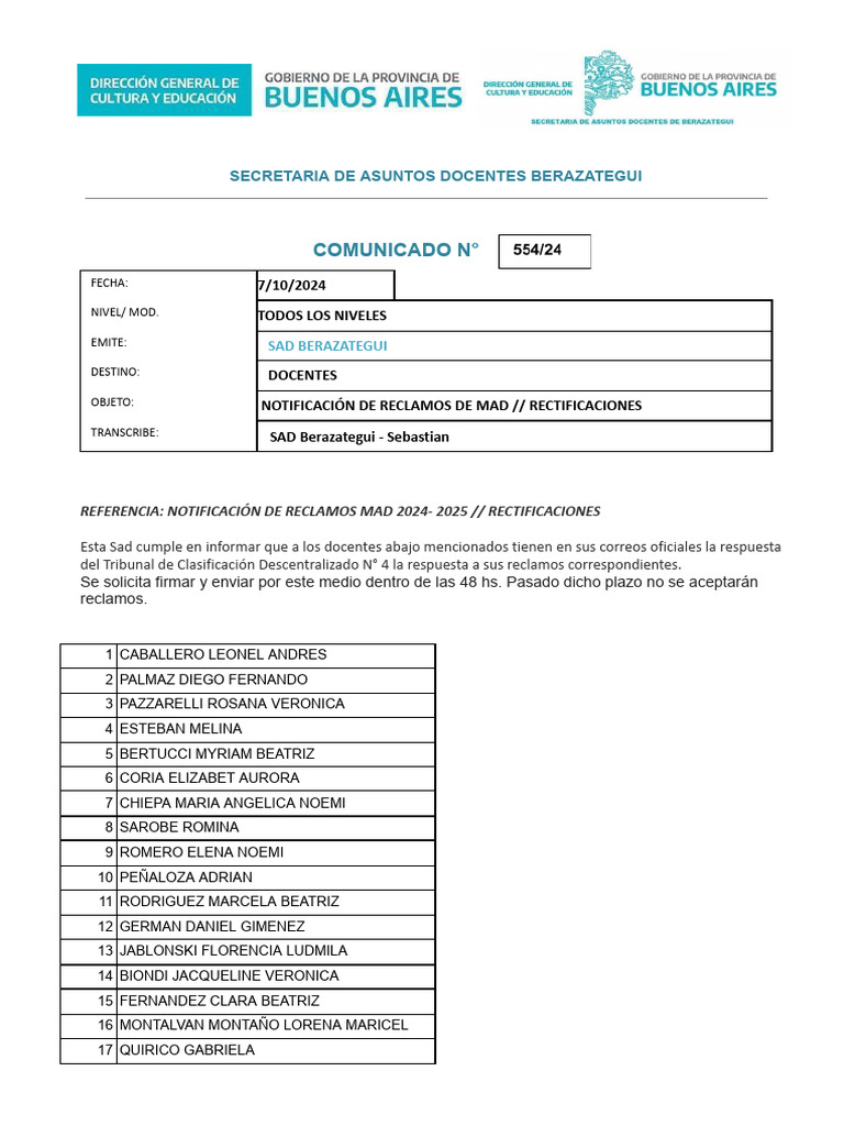 Comunicado N°554 - 24 Notificación de Reclamos Mad 2024 - 2025 - Rectificaciones | PDF
