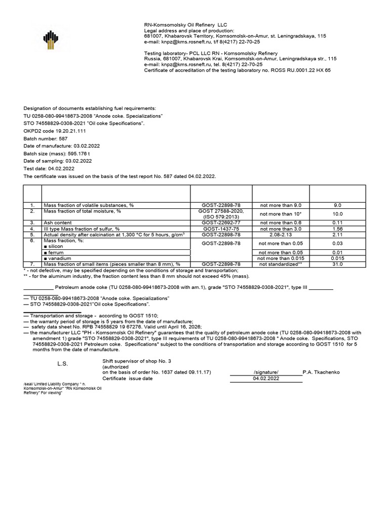 Anode Grade Petroleum Coke RN Komsomolsky Oil Refinery LLC | PDF ...