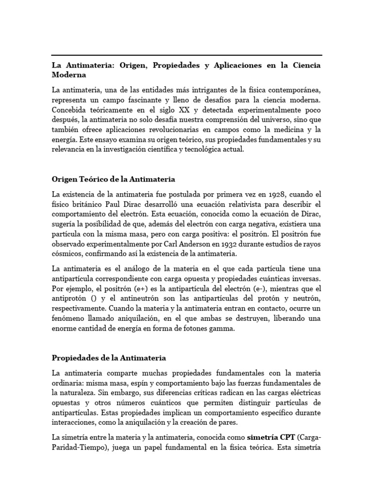 Antimateria: Origen y Aplicaciones Científicas | PDF | Importar | Electrón