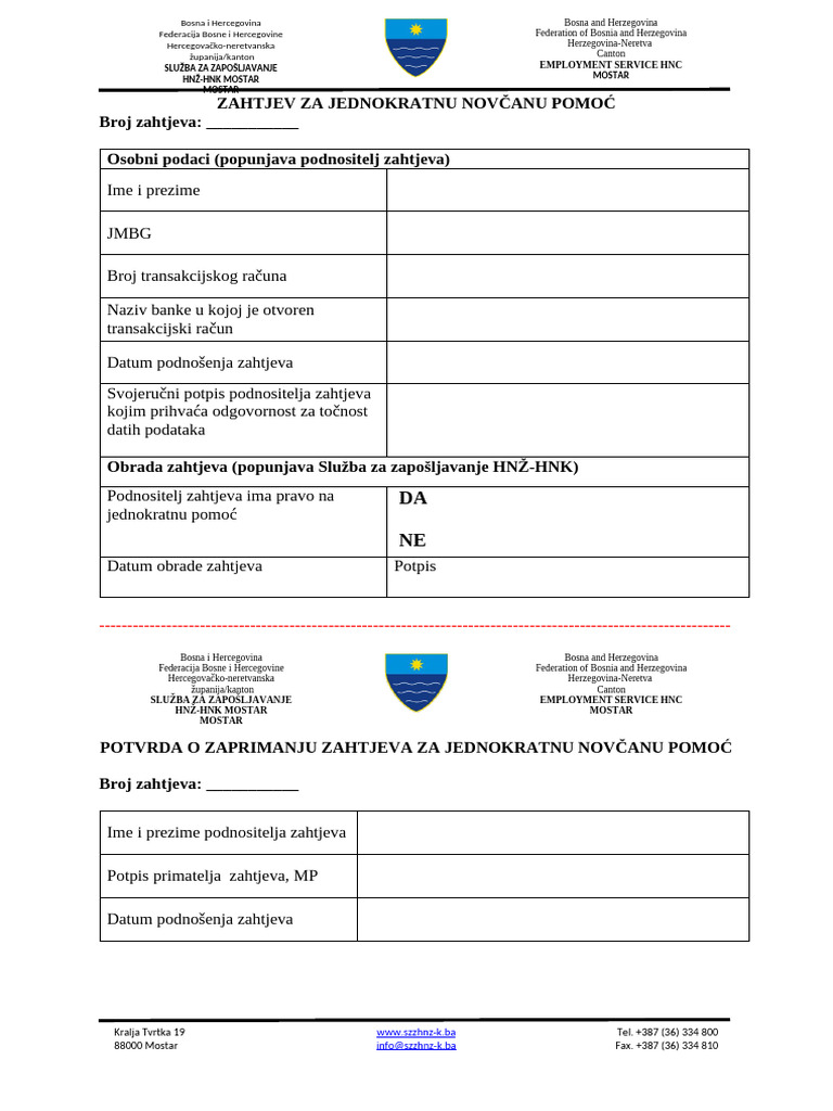 Zahtjev Za Jednokratnu Novcanu Pomoc | PDF