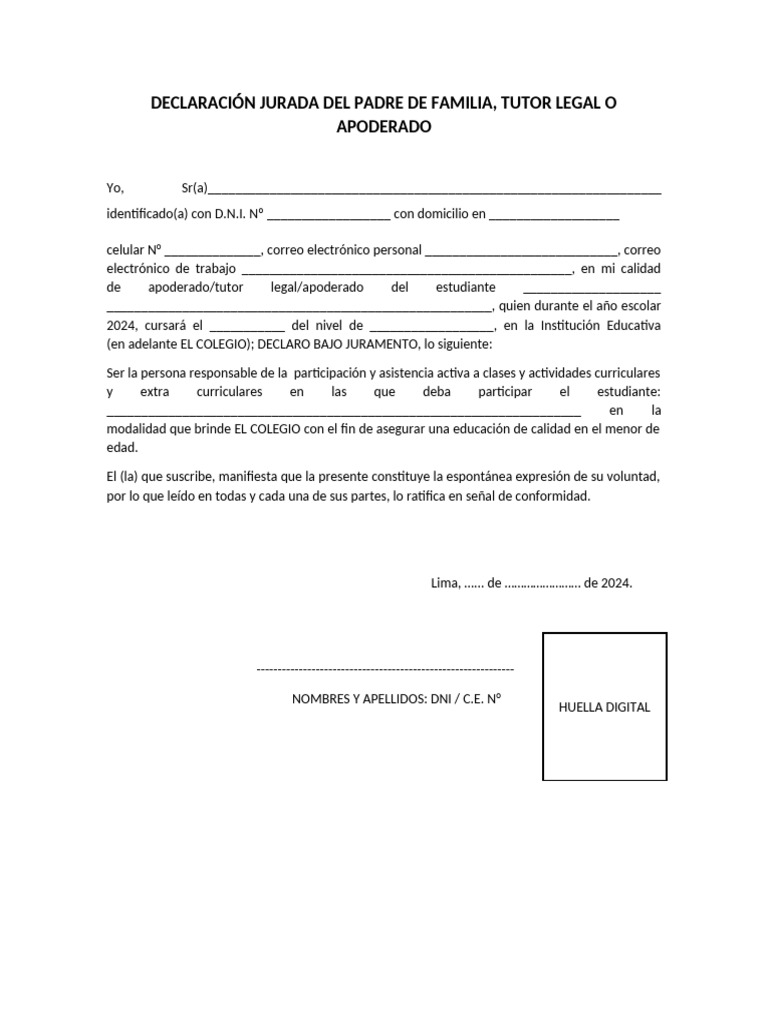 Declaración Jurada Del Padre de Familia o Apoderado 2024 | PDF