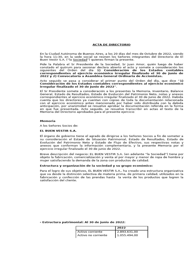 Acta de Directorio de El Buen Vestir S.A. | PDF | Valor neto | Contabilidad