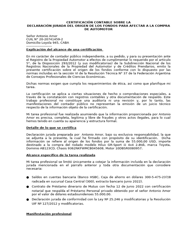 Certificacion Sobre Origen de Fondos | PDF | Contador